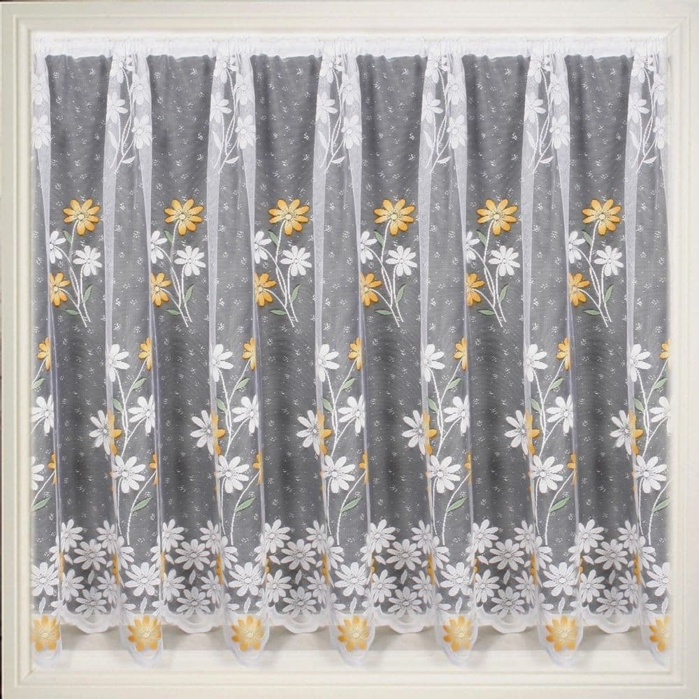 gold MARIGOLDS AND PRETTY DAISY FLOWERS PURE WHITE LACE NET CURTAIN ...