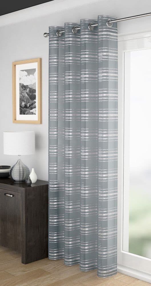 SILVER METALLIC GLIMMER SILVER STRIPED EYELET LUXURY VOILE PANEL CURTAIN
