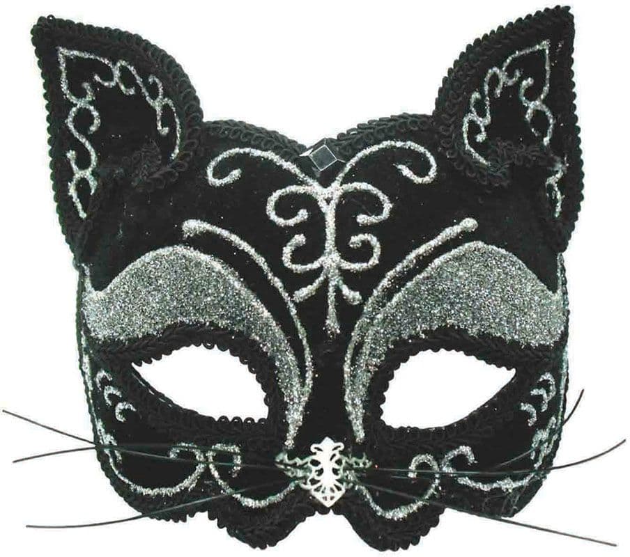 Black & Silver Cat mask on a headband or ribbons