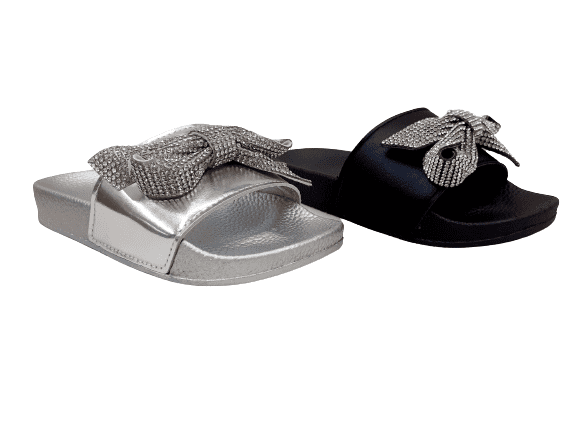 Older Girls Silver Diamante Bow Sliders - CMK106