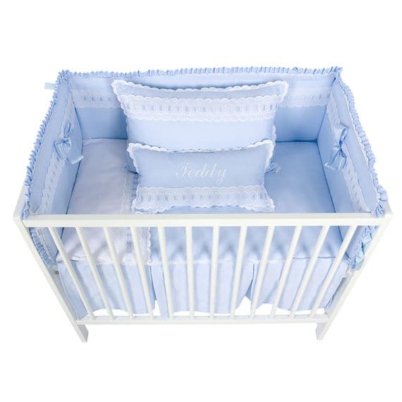 White Mini Baby Cot with Blue Quilt and Bumper 120 x 60