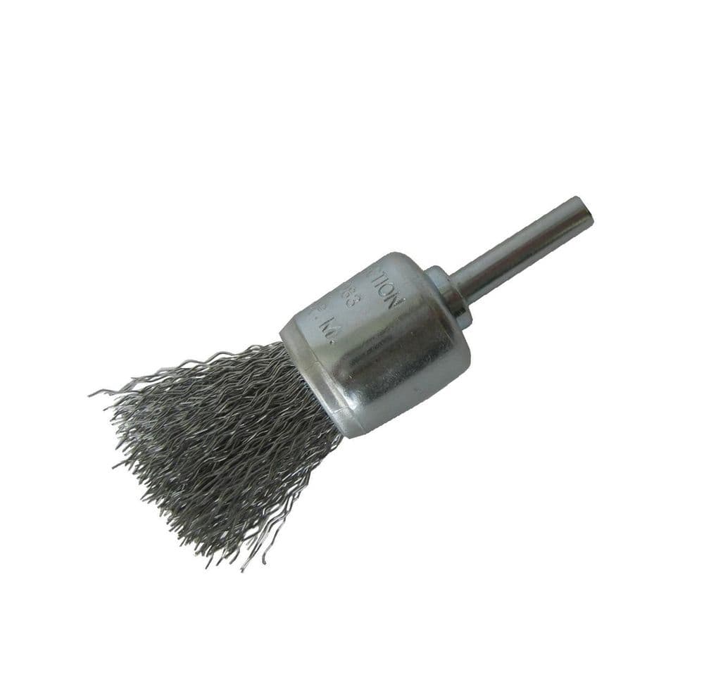 Spindle mounted stainless steel end wire brush wheels