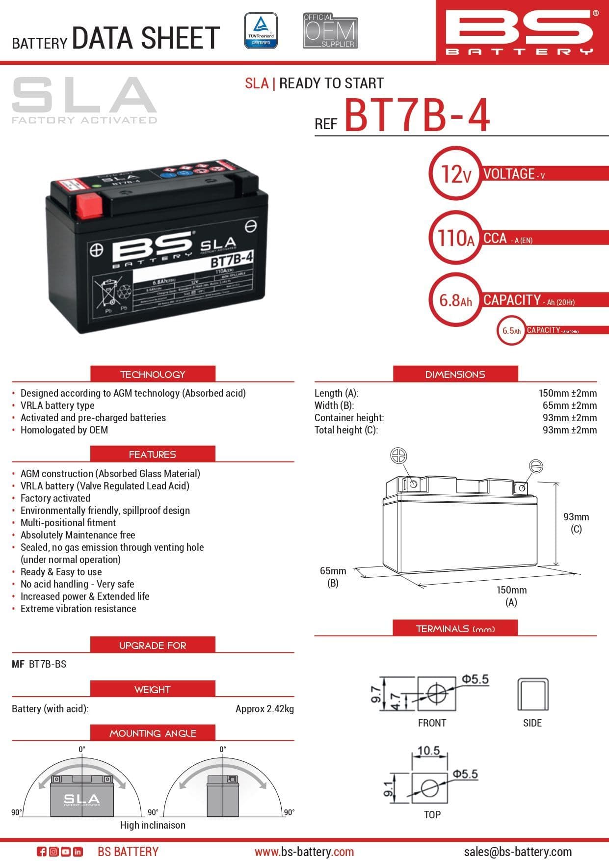 BS BT7B-4 SLA Battery