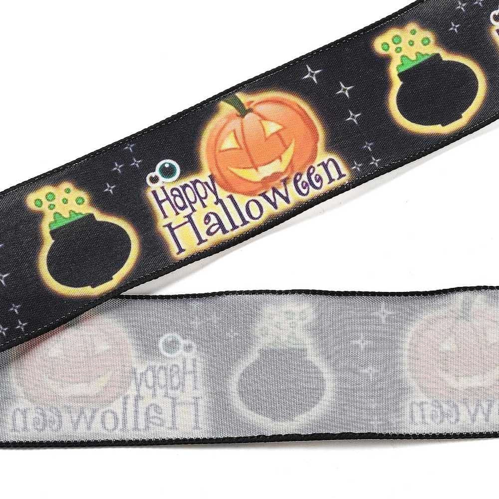 Halloween Wired Ribbon - Cauldren & Jack O Lantern Design 63mm Wide 4 ...