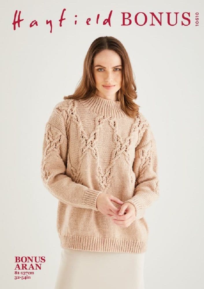 Hayfield Ladies Sweater Knitting Pattern in Bonus Aran 10610