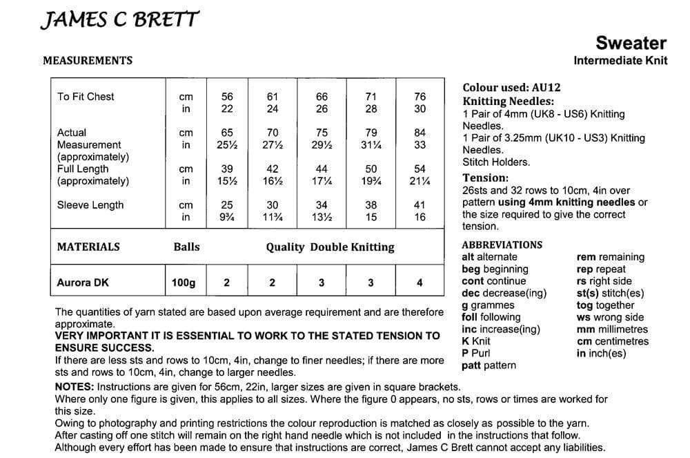 James C Brett Girls Sweater Knitting Pattern in Aurora DK JB903