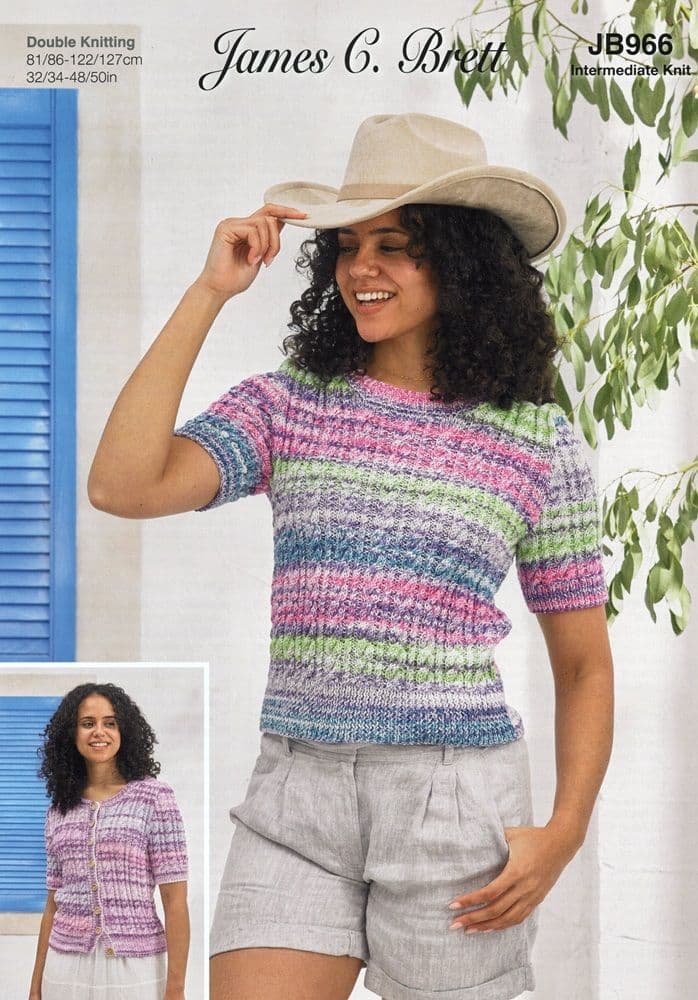 James C Brett Ladies Sweater & Cardigan Knitting Pattern in Cotton Waves DK 966