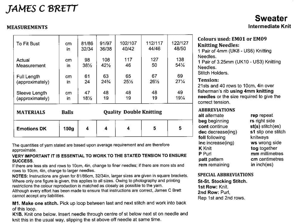 James C Brett Ladies Sweater Knitting Pattern in Emotions DK JB920