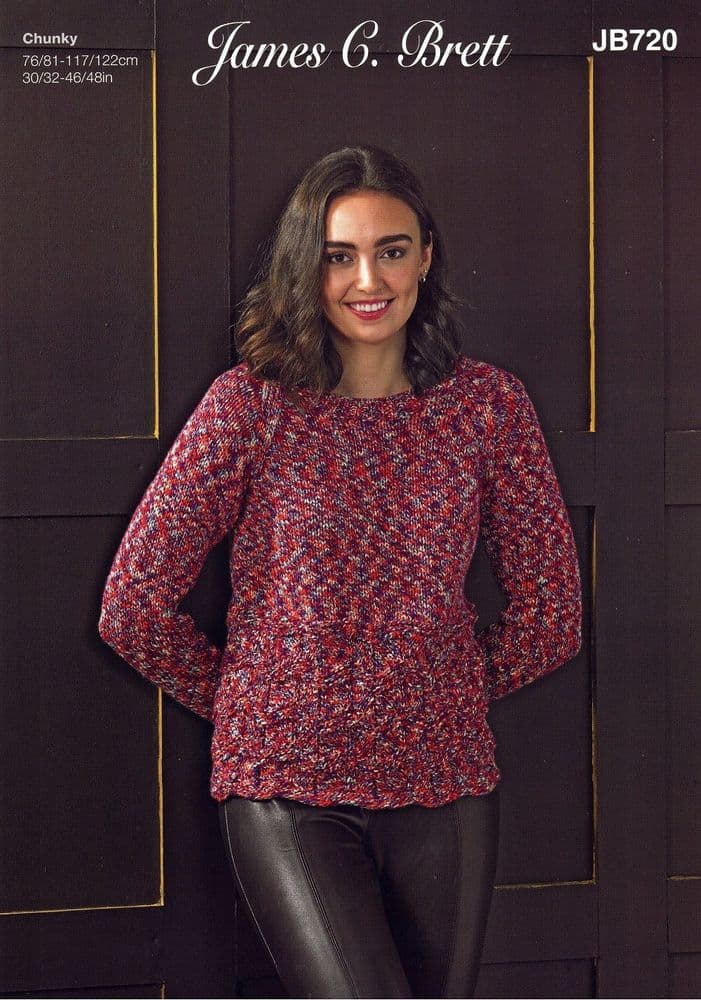 James C Brett Ladies Sweater Knitting Pattern in Masquerade Chunky JB720