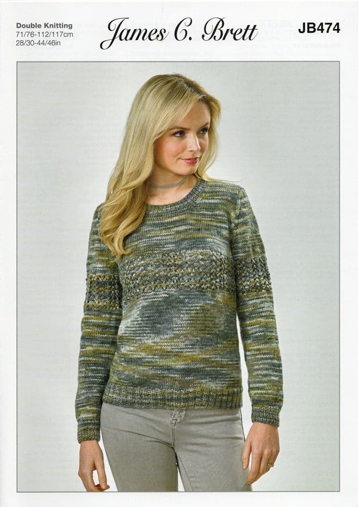James C Brett Ladies Sweater Knitting Pattern in Stonewash DK JB474