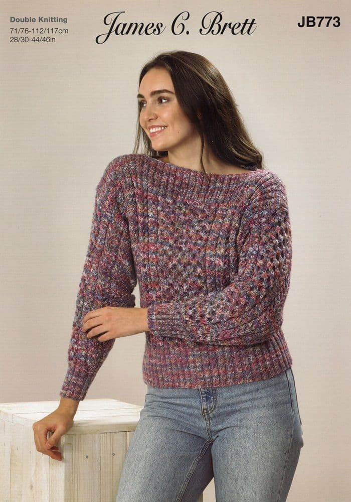 James C Brett Ladies Sweater Knitting Pattern in Stonewash DK JB773