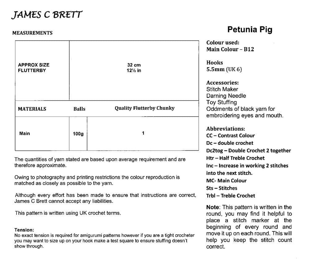 James C Brett Petunia Pig Toy Crochet Pattern in Flutterby Chunky JB937