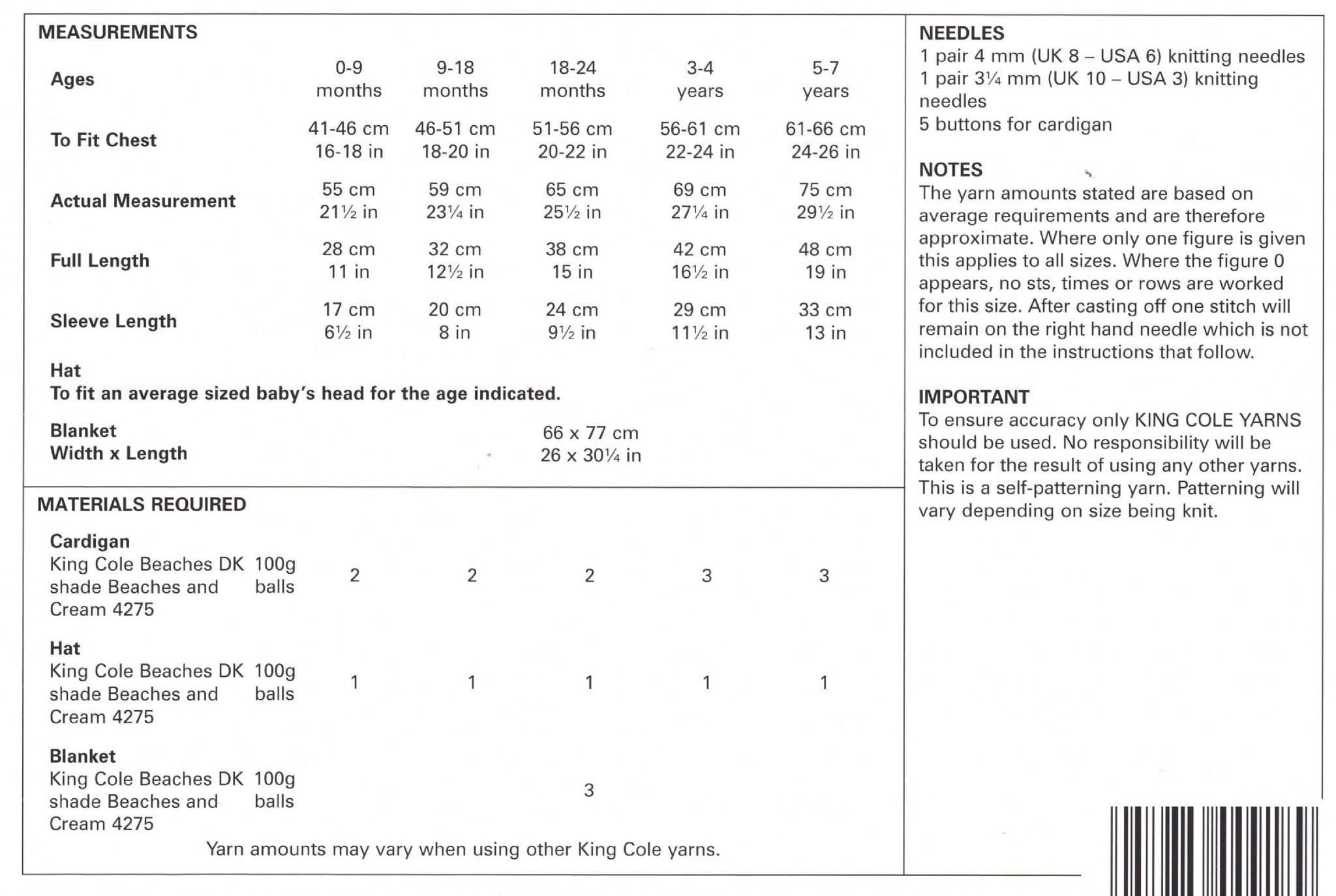 King Cole Cardigan Hat & Blanket Knitting Pattern in Beaches DK 5420