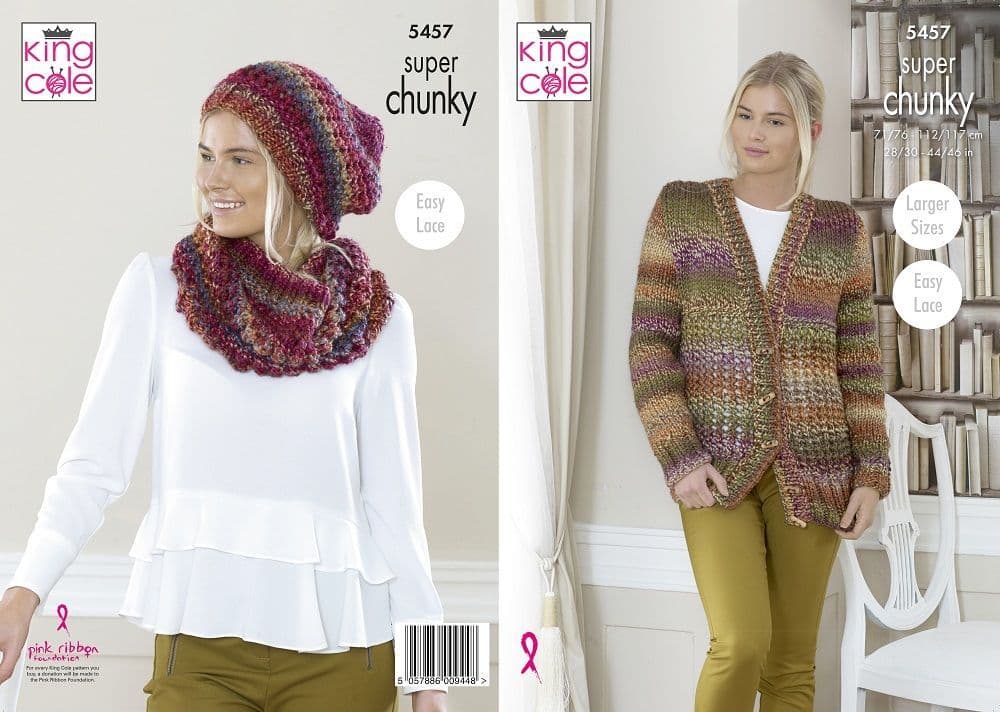 King Cole Ladies Cardigan Hat & Cowl Knitting Pattern in Explorer Super ...