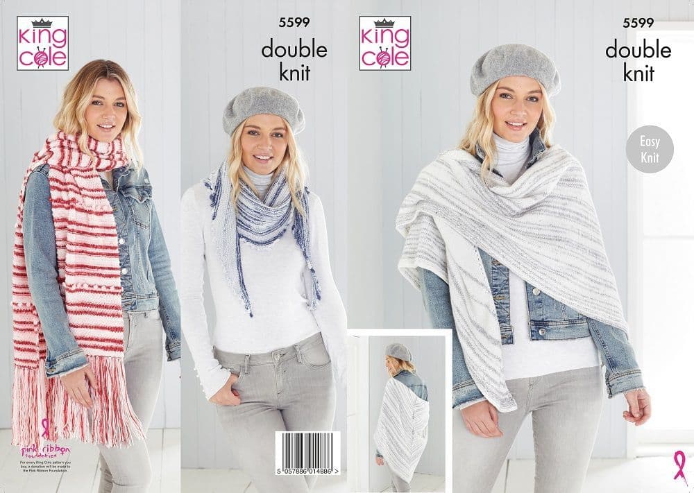 King Cole Ladies Shawls Knitting Pattern in Stripe DK 5599