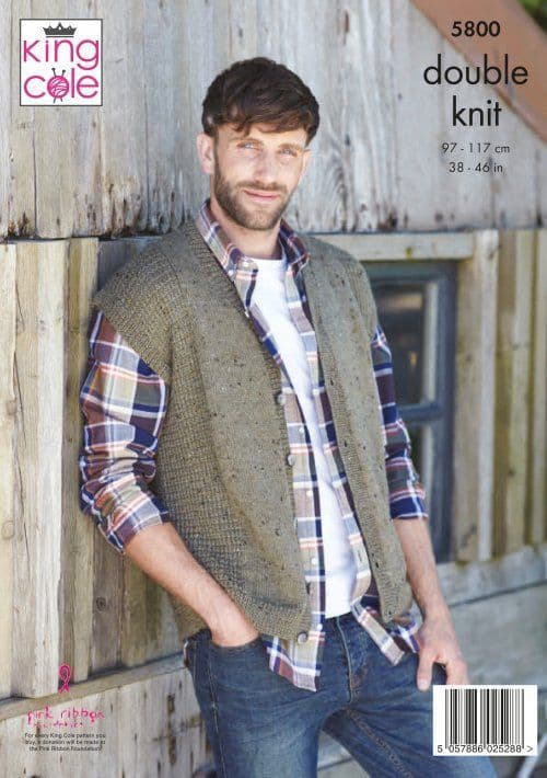 King Cole Men s Waistcoat & Tank Knitting Pattern in Homespun DK 5800