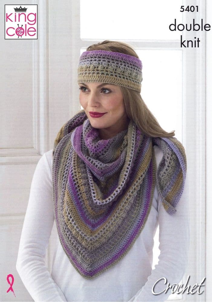 King Cole Shawl Cowl & Hat Crochet Pattern in Riot DK 5401