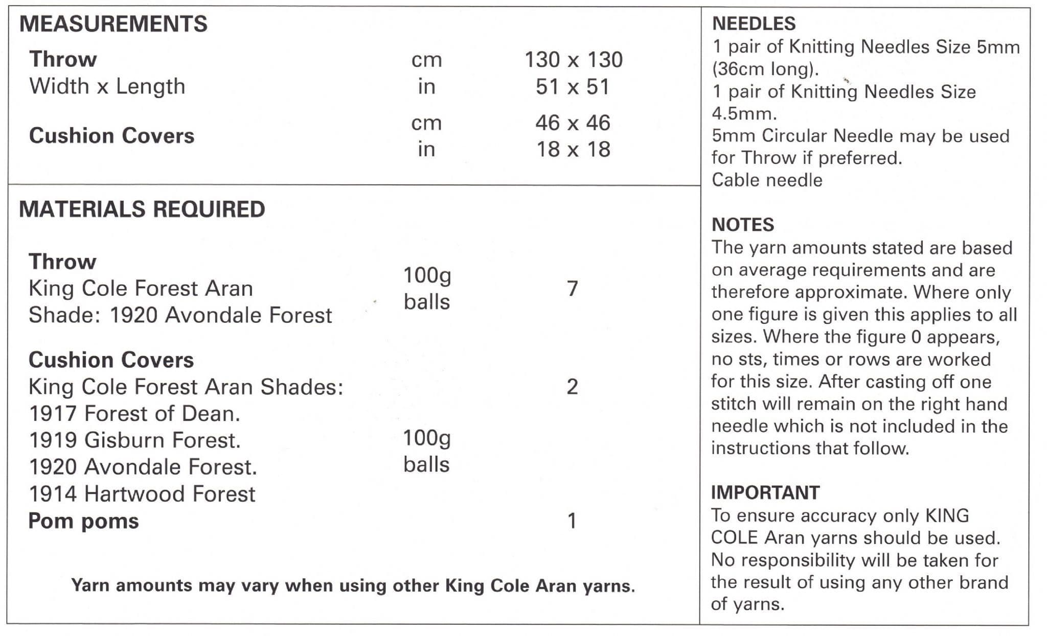 King Cole Throw & Cushion Covers Knitting Pattern in Forest Aran 5661