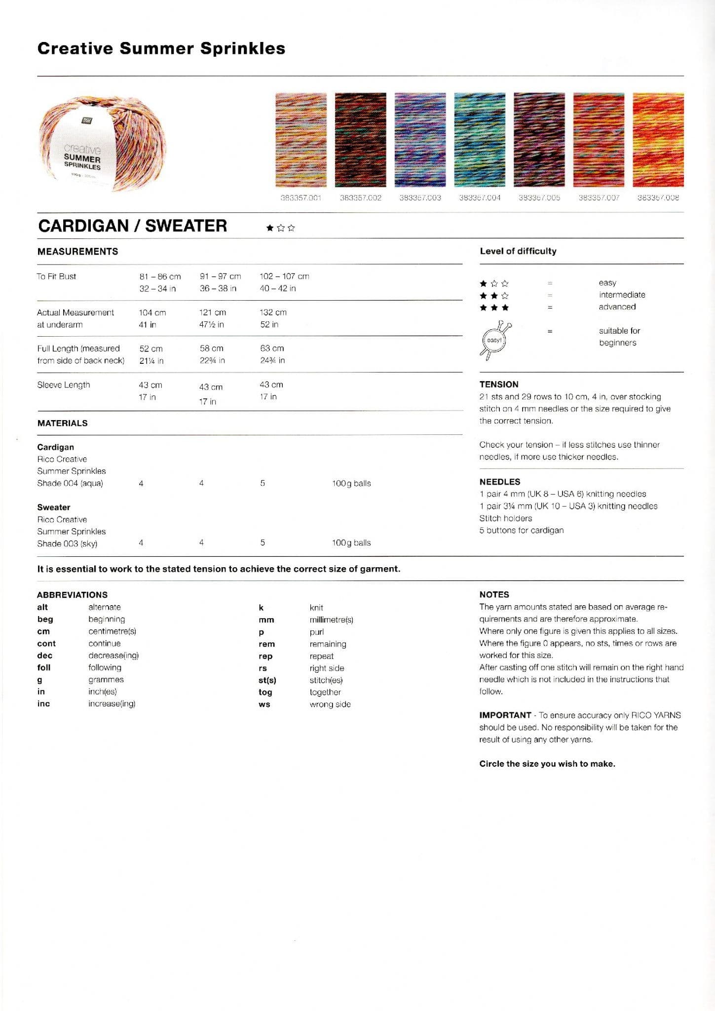 Rico Cardigan & Sweater Knitting Pattern in Creative Summer Sprinkles 1261