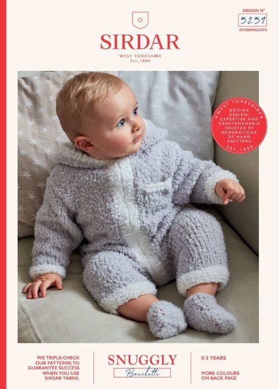 Sirdar Babies Hooded Onesie Knitting Pattern in Snuggly Bouclette 5259