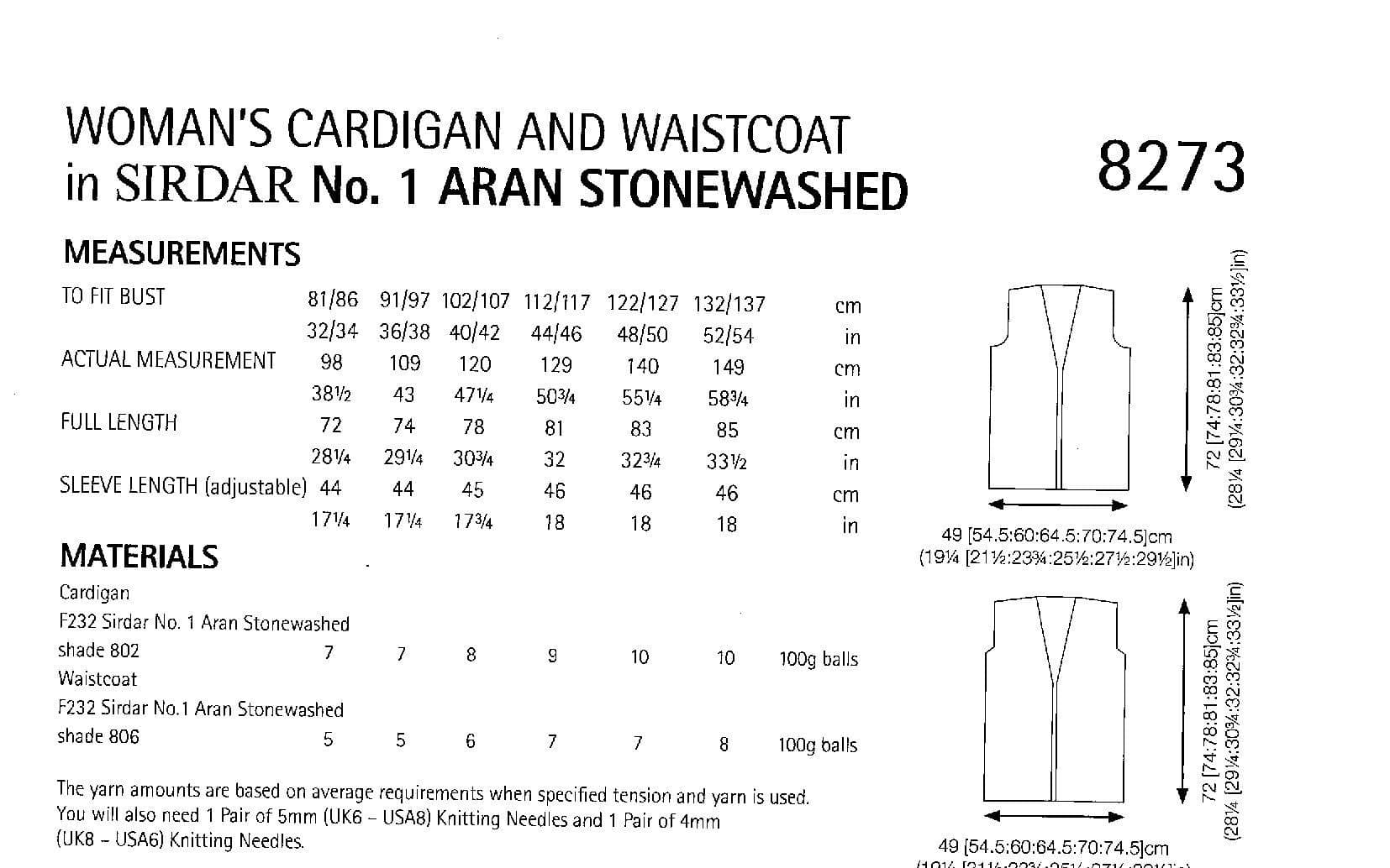 Sirdar Cardigans Knitting Pattern in No 1 Aran Stonewashed 8273