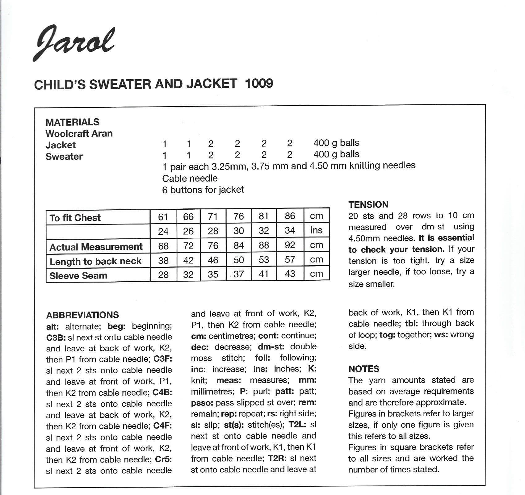 Woolcraft Childs Sweater and Jacket Knitting Pattern in 25 Wool Aran 1009