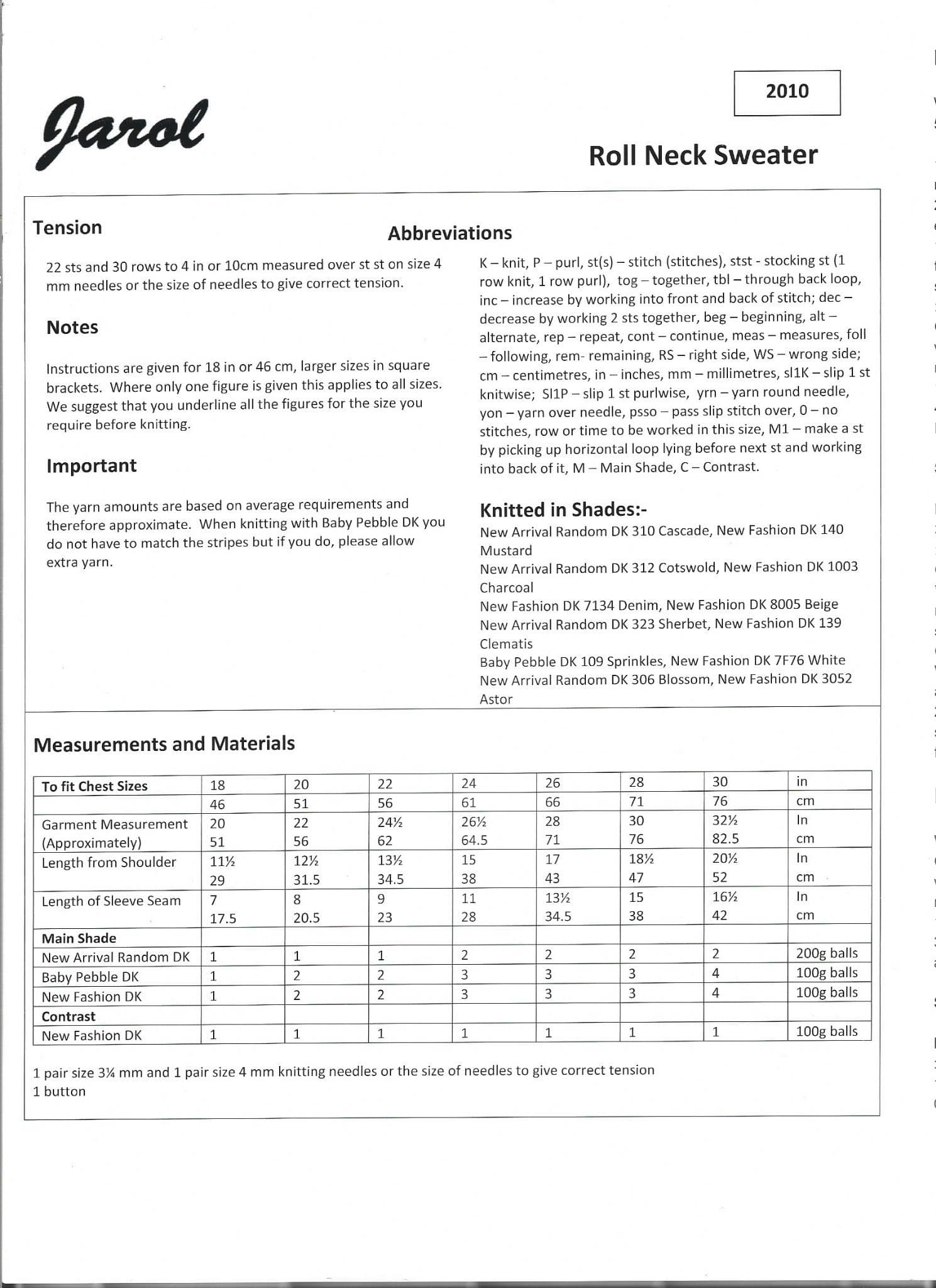 Woolcraft/Jarol Child Roll Neck Sweater Knitting Pattern in DK 2010