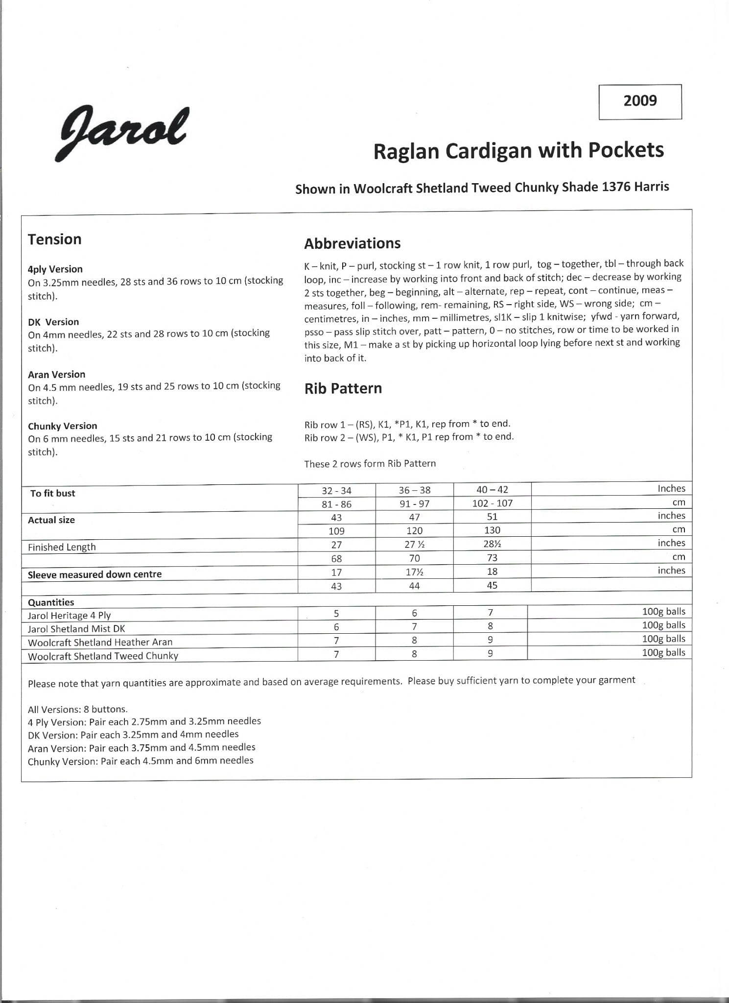 Woolcraft/Jarol Ladies Raglan Cardigan Knitting Pattern 2009