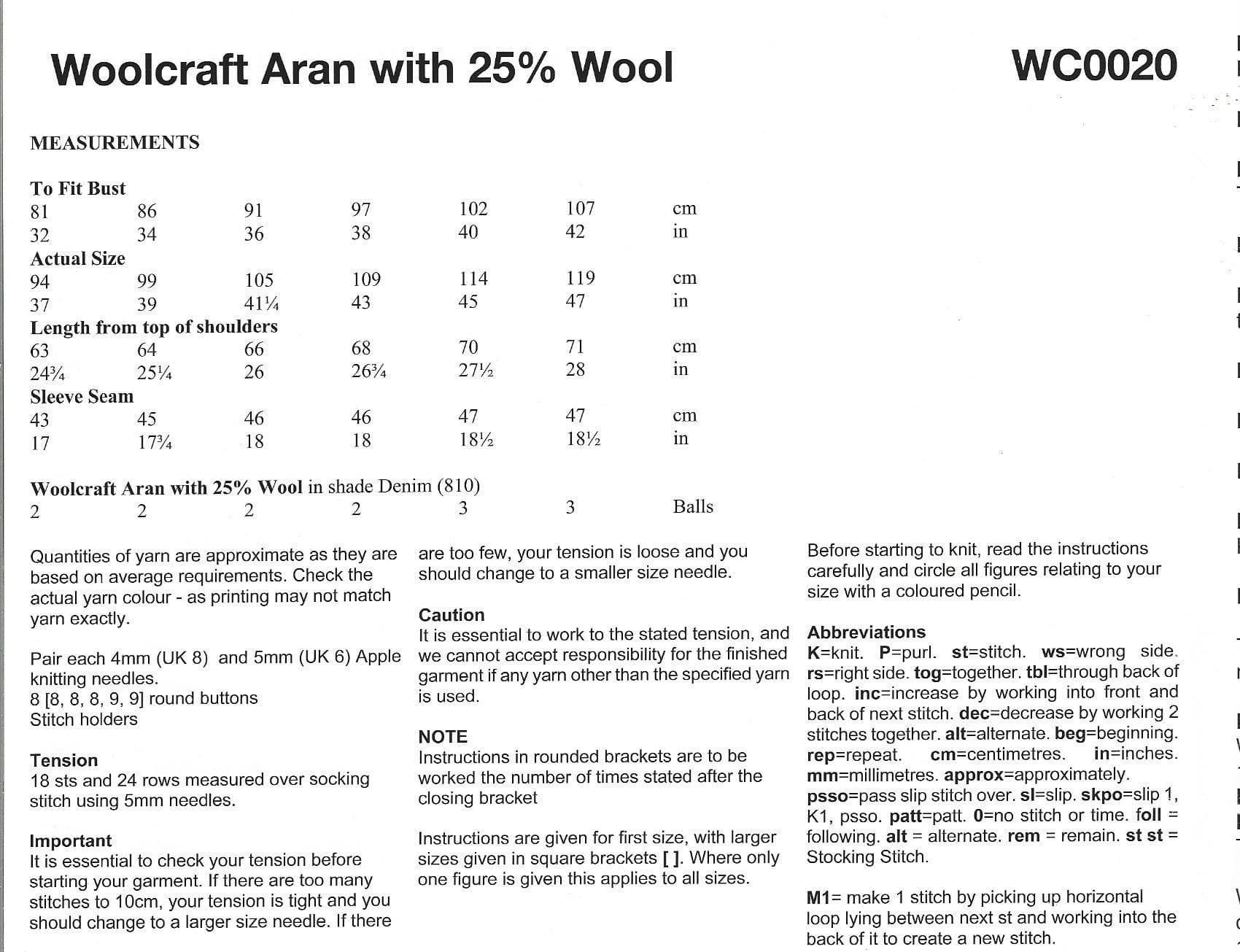 Woolcraft Ladies Cardigan Knitting Pattern in 25 Wool Aran WC0020