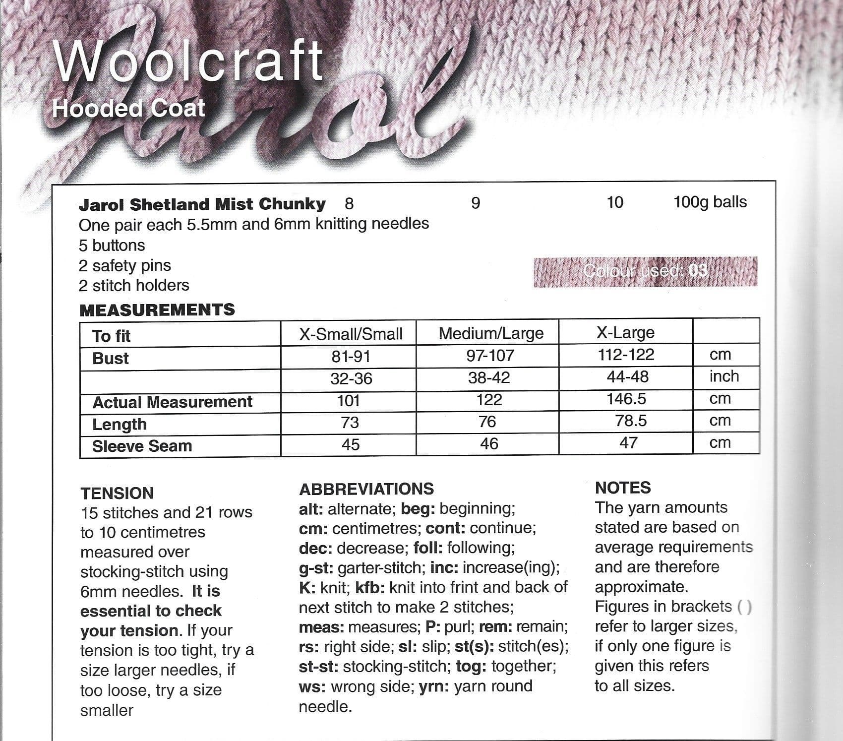 Woolcraft Ladies Hooded Coat Knitting Pattern in Jarol Shetland Mist ...