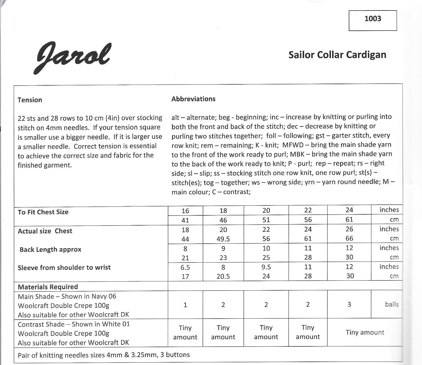 Woolcraft Sailor Collar Cardigan Knitting Pattern in DK