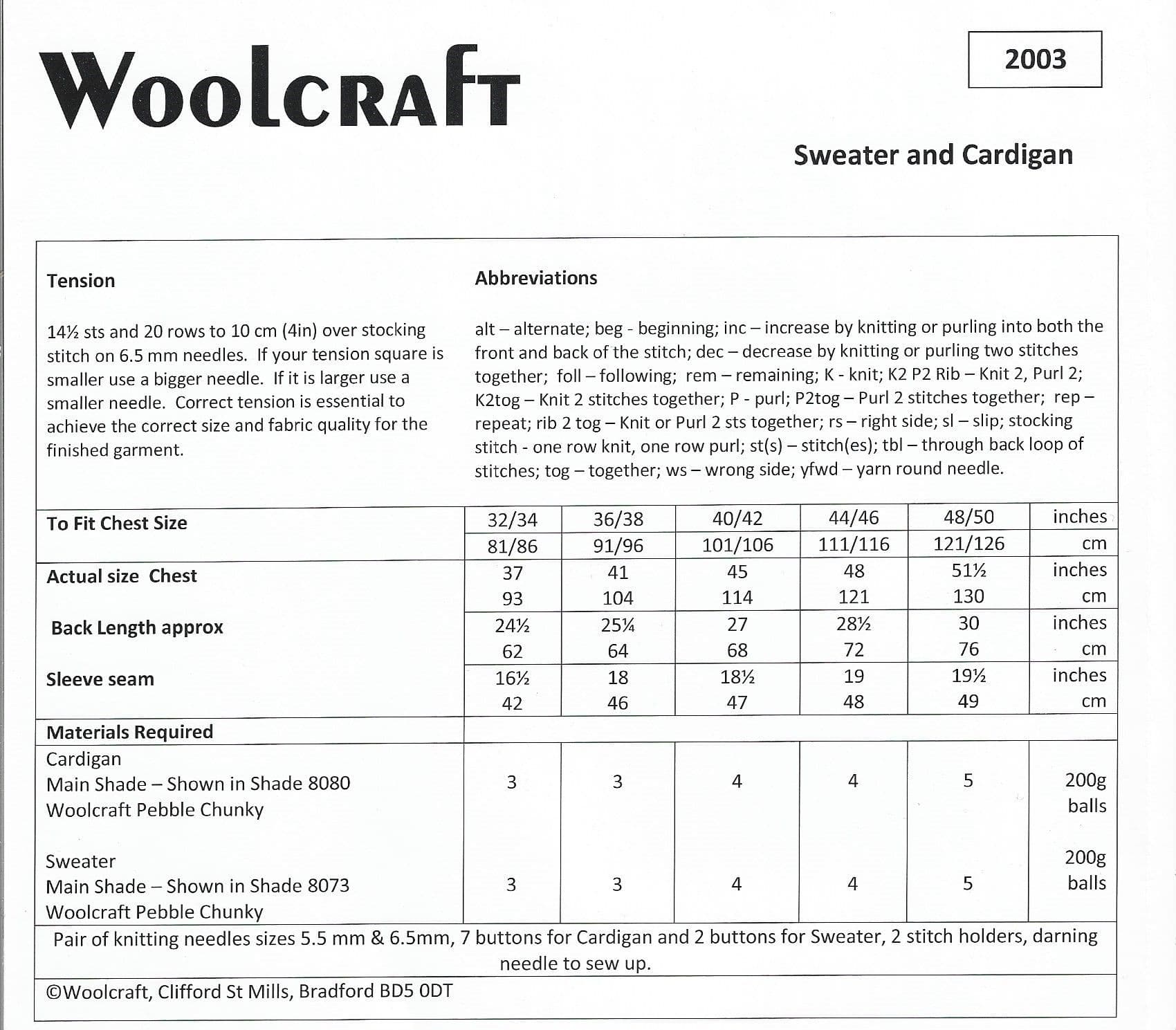 Woolcraft Sweater and Cardigan Knitting Pattern in Pebble Chunky 2003