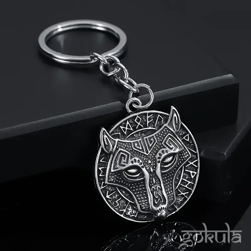 Celtic Wolf Head Keychain Viking-Inspired Norse Rune Iron Pendant Unisex