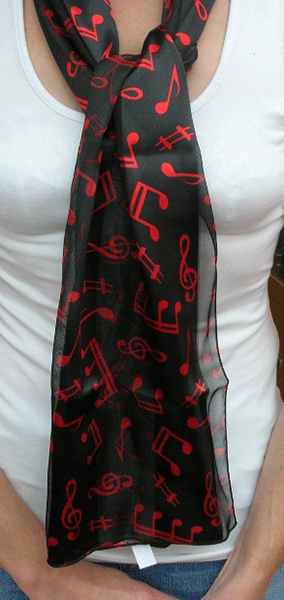 Music Scarves – Black Scarf with Red Music Notes | musical gifts online