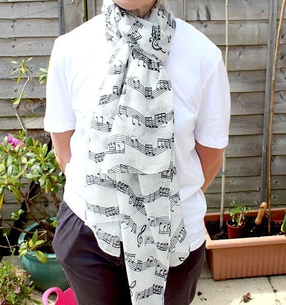 White Music Scarf with Black Music Design - Music Scarf | musical gifts ...