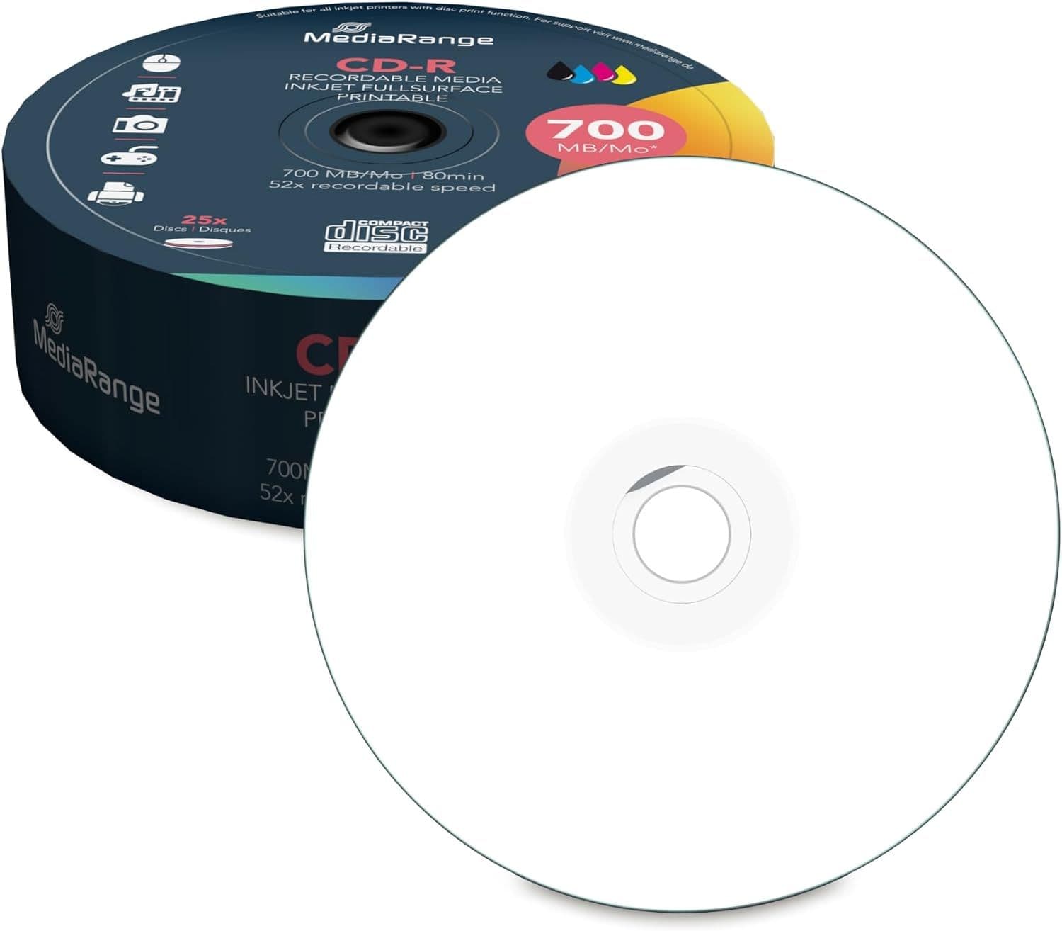 25 MediaRange Full Face White Inkjet Printable CD-R 52x 700MB MR202 S/W