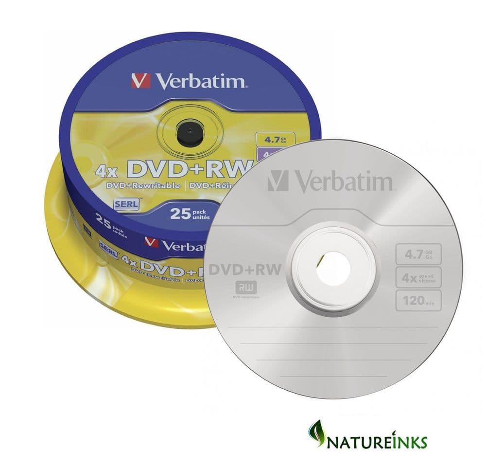 25 Verbatim Blank DVD RW Rewritable 4X 120 mins DVD SERL Discs Spindle ...