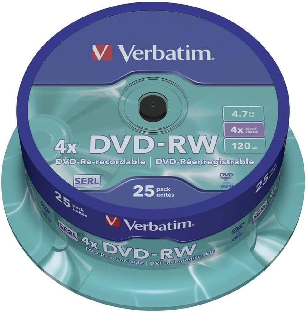 25 Verbatim Blank DVD-RW Rewritable 4X 120 mins DVD SERL Discs Spindle ...