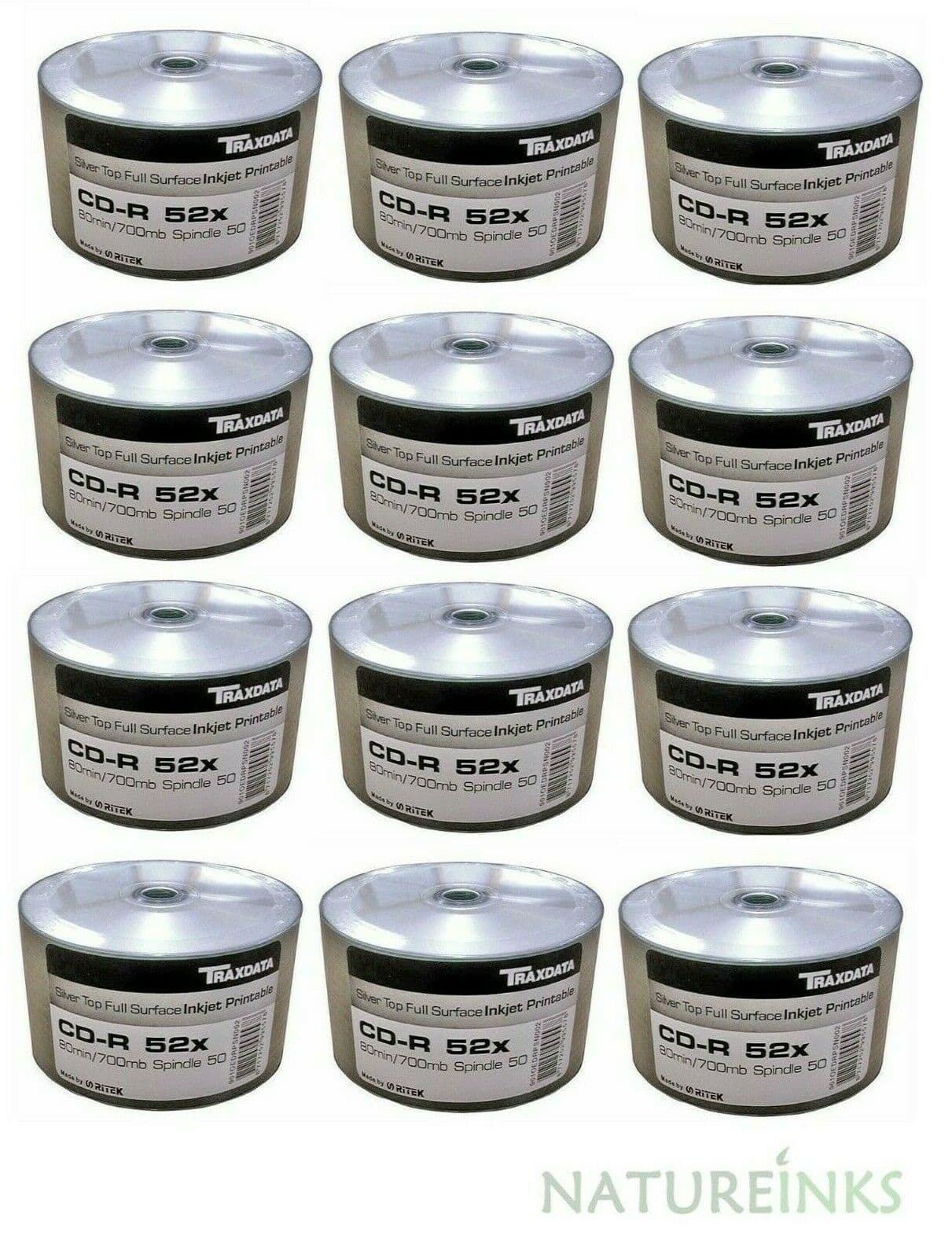 600 Traxdata Full Face SILVER Inkjet Printable CD-R 52x 700MB