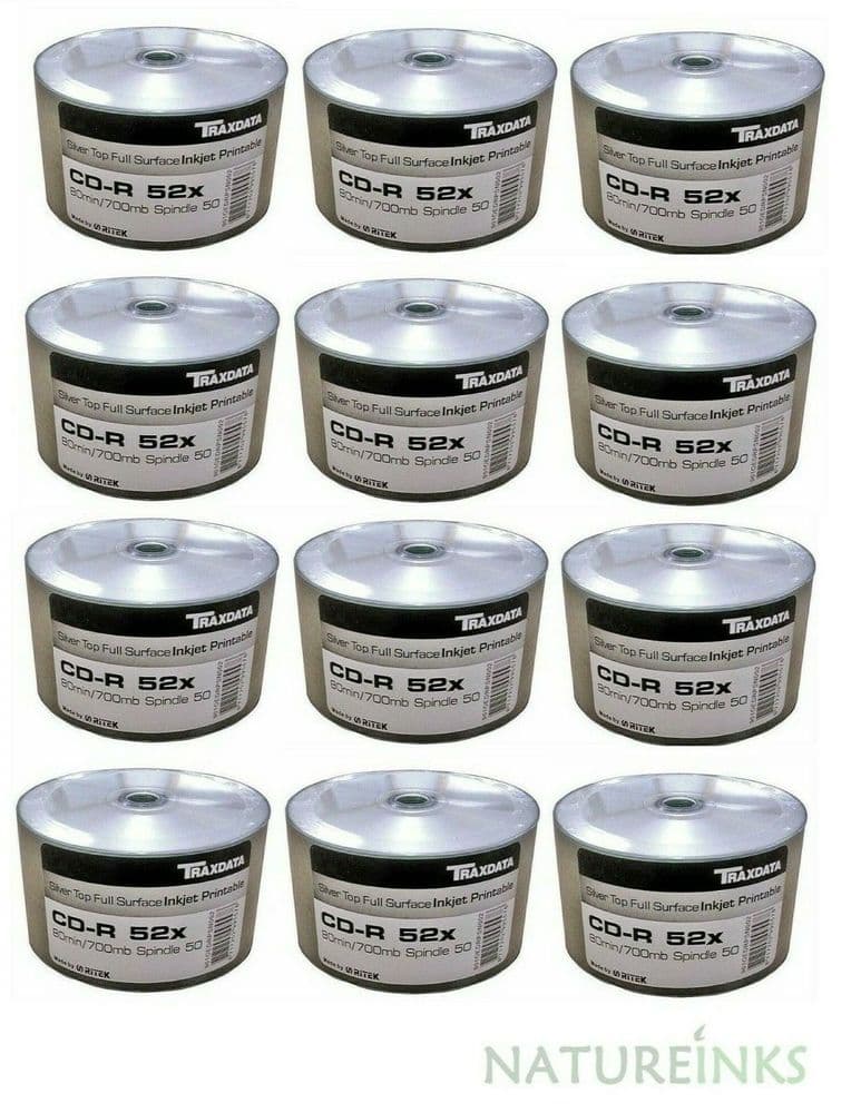 600 Traxdata Full Face SILVER Inkjet Printable CD-R 52x 700MB