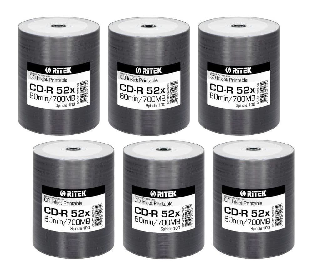 ON OFFER 600 Ritek GPL Full Face White Inkjet Printable CD-R 52x 700MB