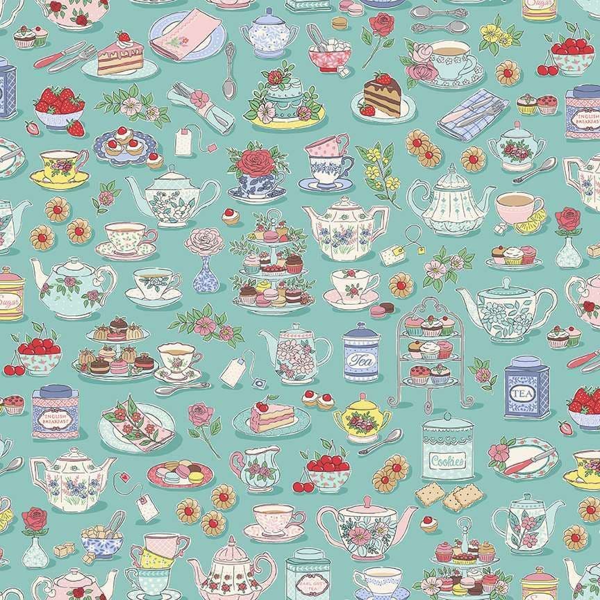 Afternoon Tea - 9134 - Makower UK - Tea Time on Teal - 091 T - Cotton ...