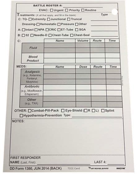 Double Sided Tactical Combat Casualty Care TCCC Card