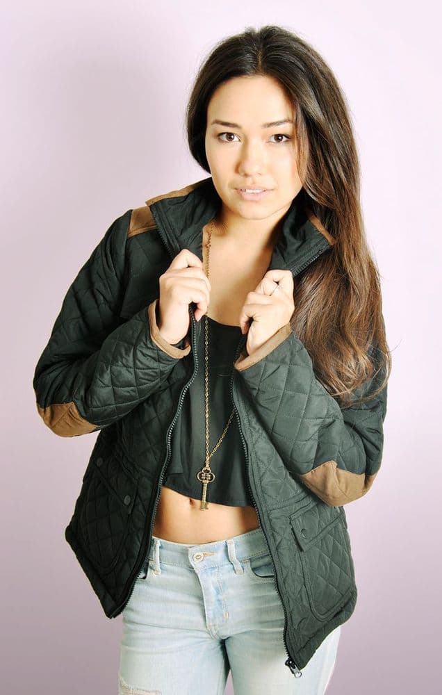 Quilted High Neck Jacket with Contrast Shoulder and Elbow Patches