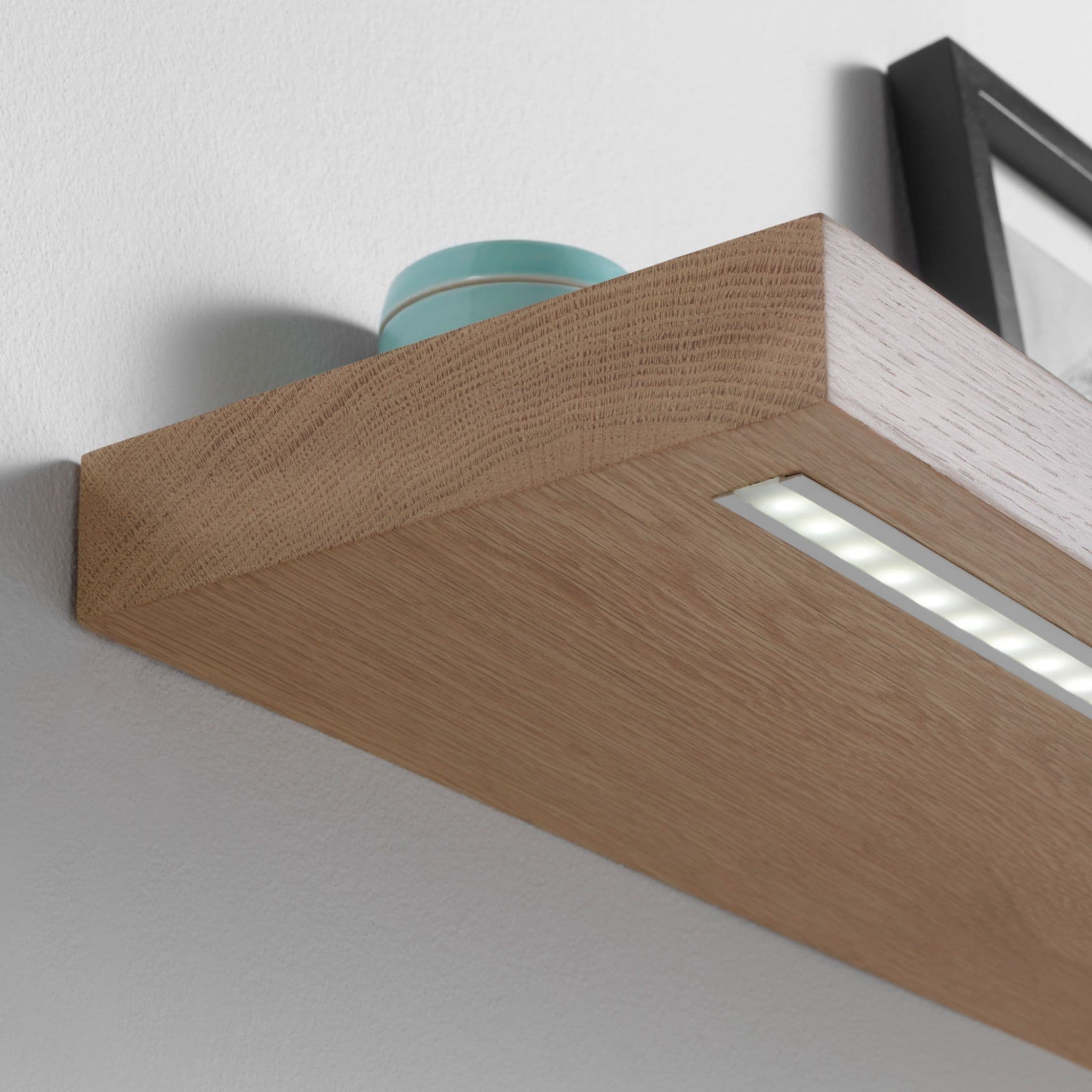 Solid White Oak Floating Shelf 40x145mm with Warm White 24v LED Light Kit