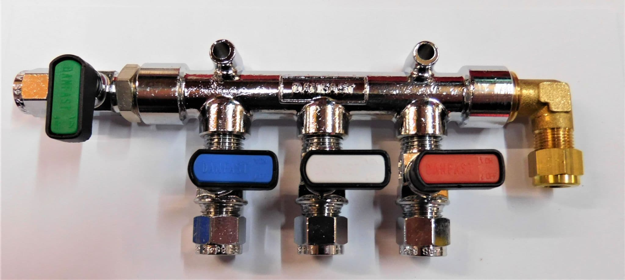 Gas Manifold 8mm 4 Way Equal Elbow Inlet R/H tap