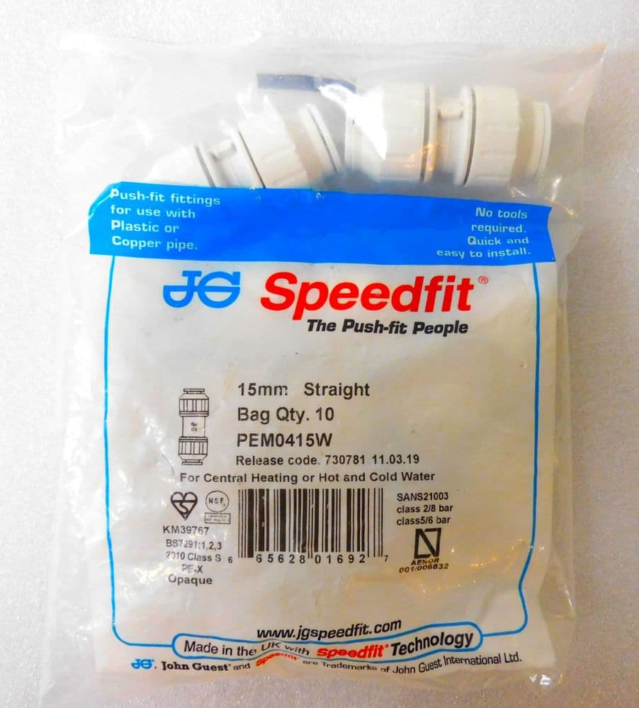 Speedfit 15mm straight pipe connectors x10