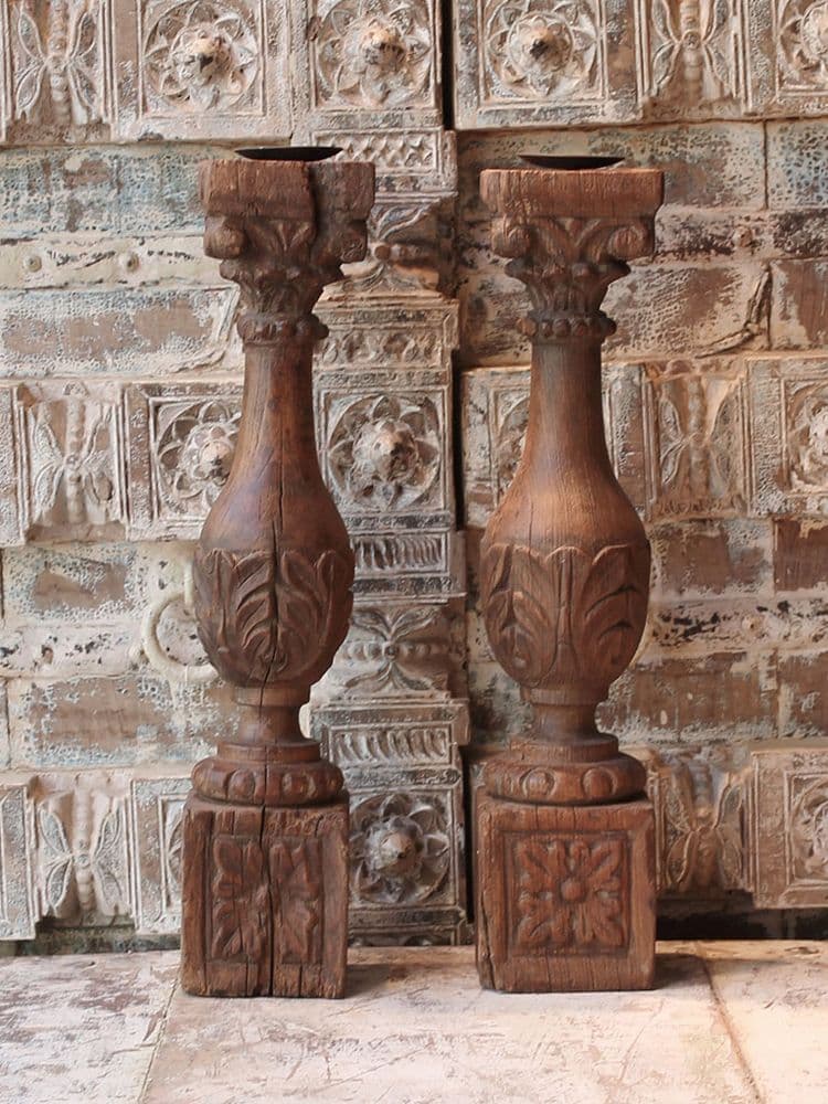 19th Century Pair of Teak Candlesticks from Gujarat