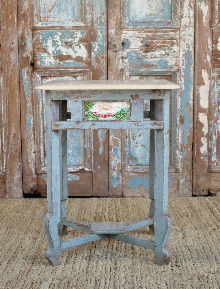 Antique Colonial Side Table with Vintage Tiles & Marble Top