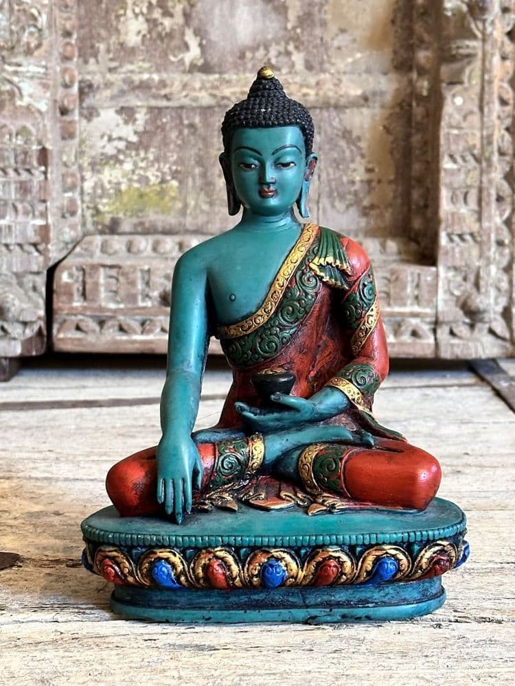 Enlightenment Buddha in resin with Gold Red and Green Decorative Robes